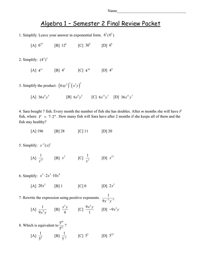 Algebra 1 Semester 2 Final Exam Study Guide Study Poster Algebra 1 Semester 2 Final Exam Study Guide Study Poster