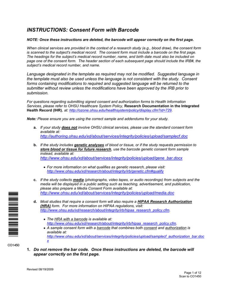 INSTRUCTIONS: Consent Form with Barcode