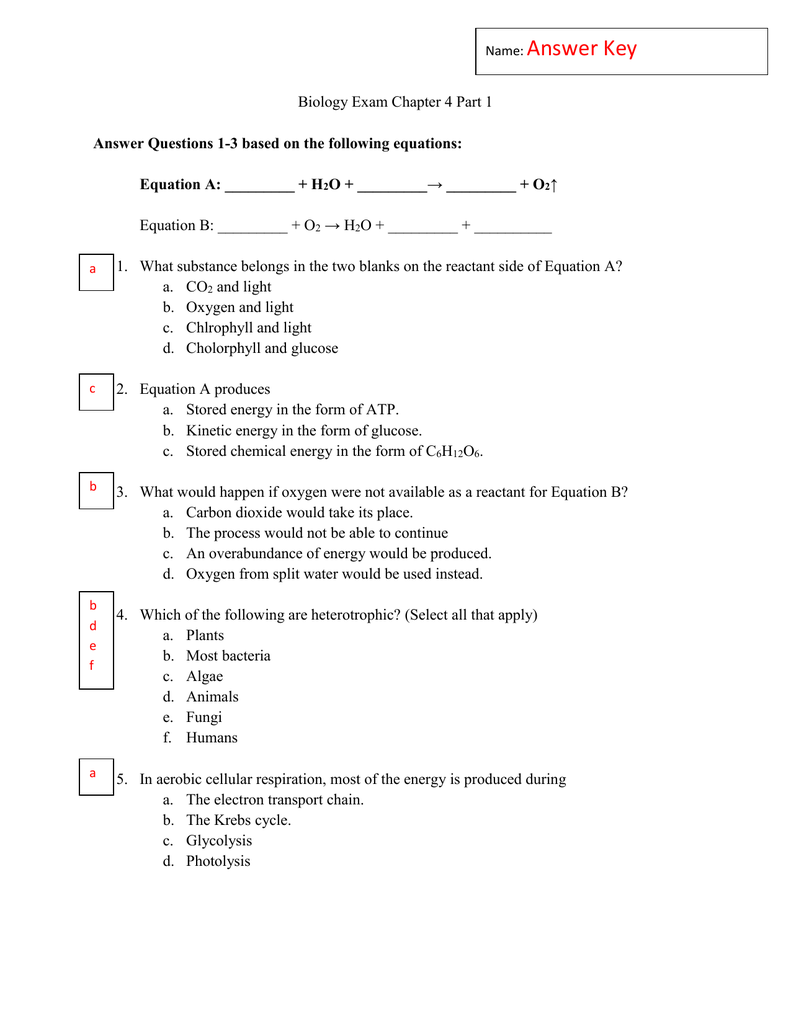 Name Answer Key Biology Exam Chapter 4 Part 1 Answer Name Answer Key Biology Exam Chapter 4 Part 1 Answer