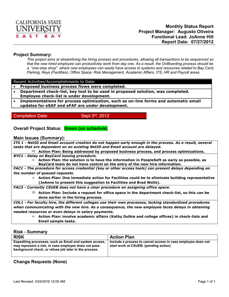 Monthly Status Report Sample