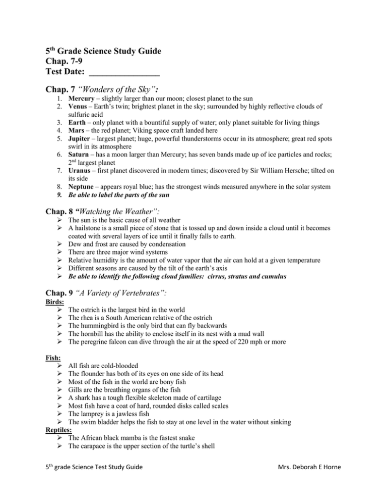 5th Grade Test 9 Science