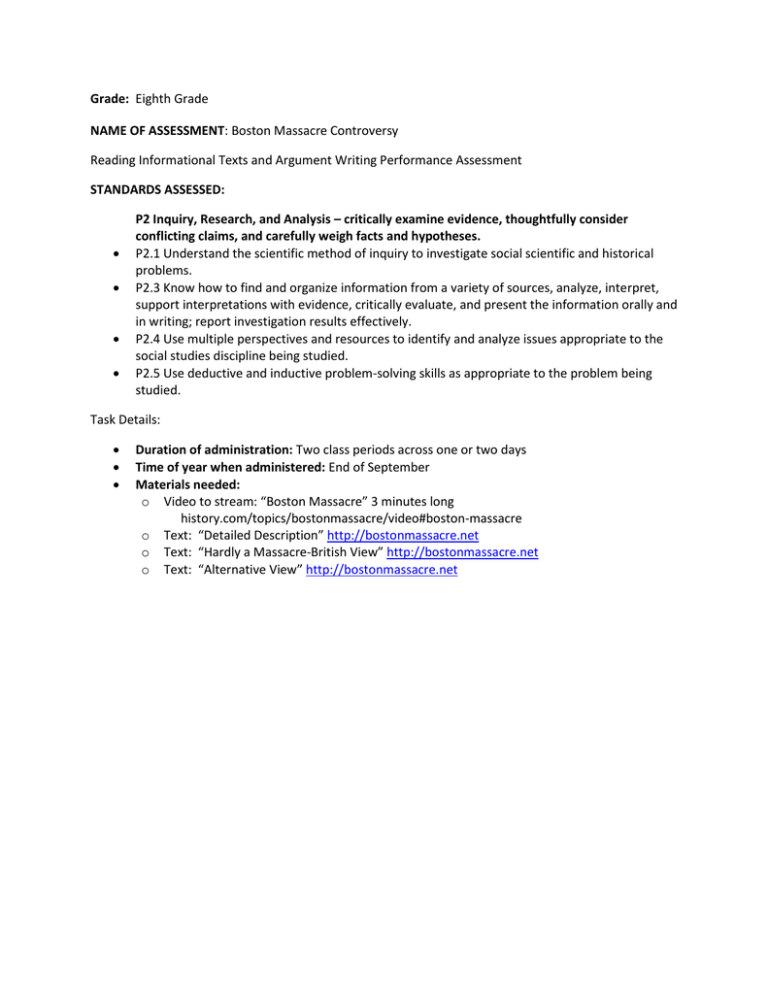 Eighth Grade Informational Reading/Argument Writing Performance