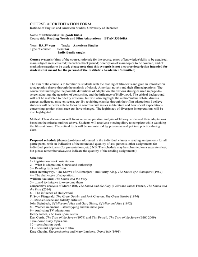 COURSE ACCREDITATION FORM Institute Of English And COURSE ACCREDITATION FORM Institute Of English And