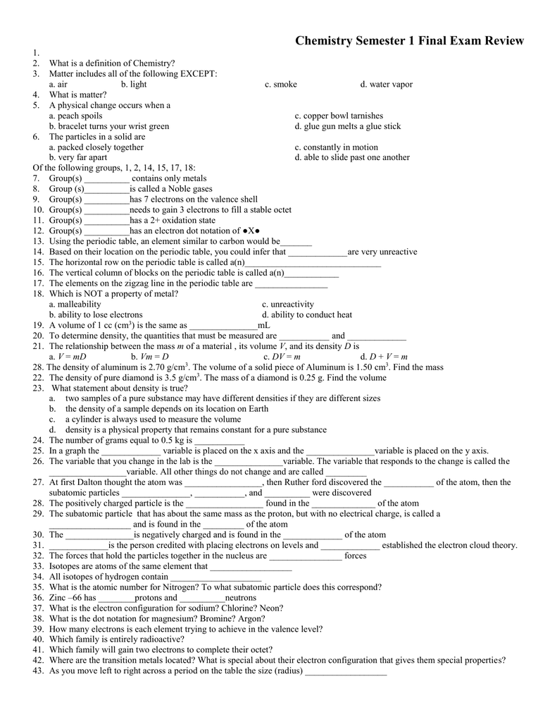 Chemistry Semester 1 Final Exam Review Chemistry Semester 1 Final Exam Review
