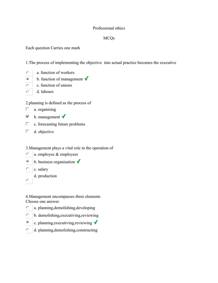 Professional Ethics MCQs Each Question Carries One Mark 1 The