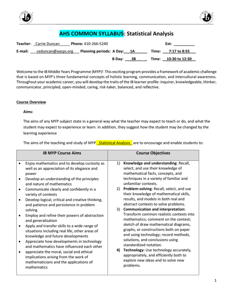 AHS COMMON SYLLABUS Statistical Analysis