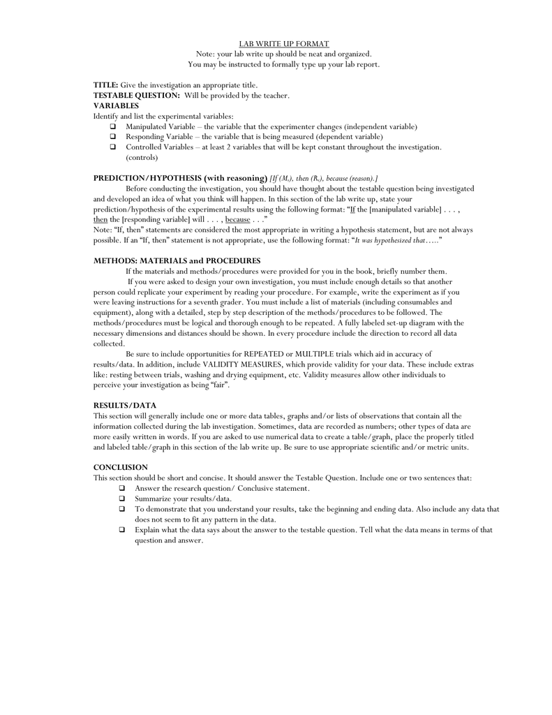 Informal And Formal LAB WRITE UP FORMAT For Lab Investigations