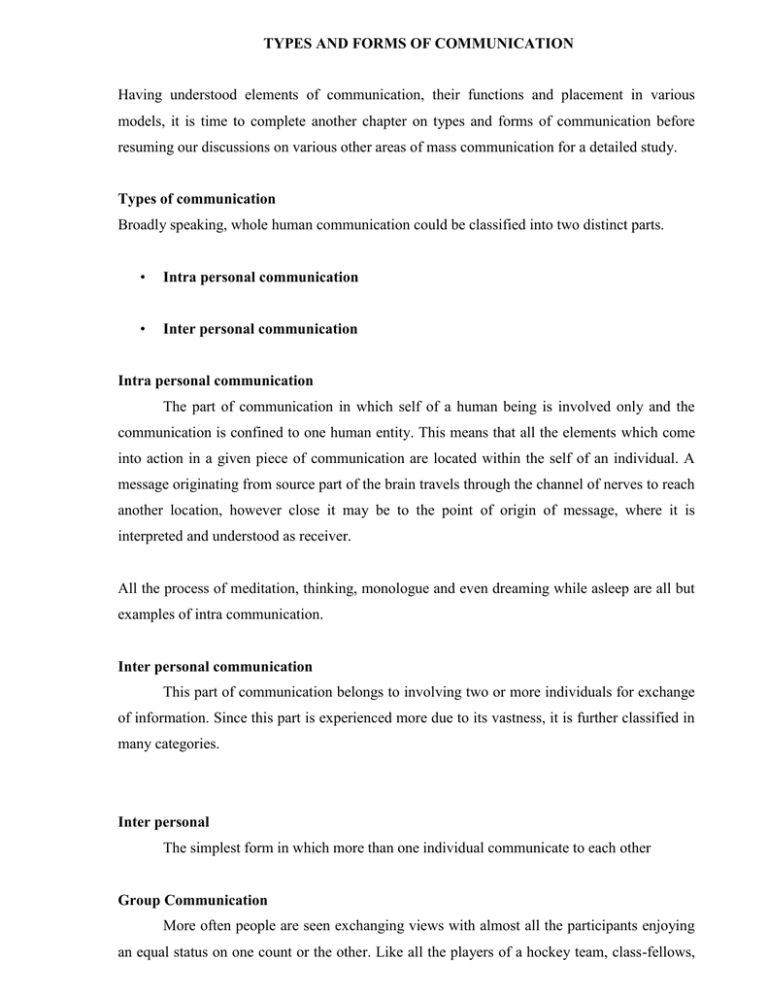 TYPES AND FORMS OF COMMUNICATION Having Understood TYPES AND FORMS OF COMMUNICATION Having Understood