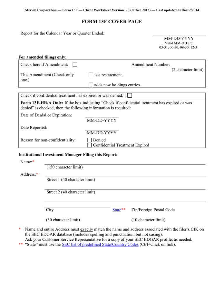 Form 13F Cover Worksheet Form 13F Cover Worksheet