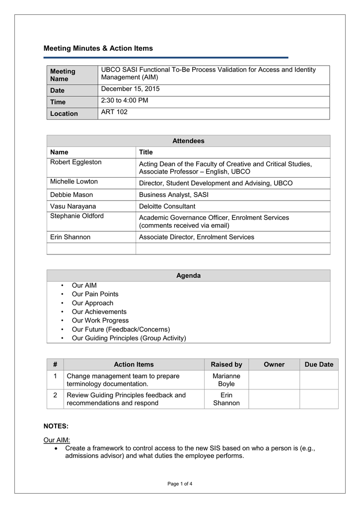 Meeting Minutes Action Items Meeting Name UBCO SASI