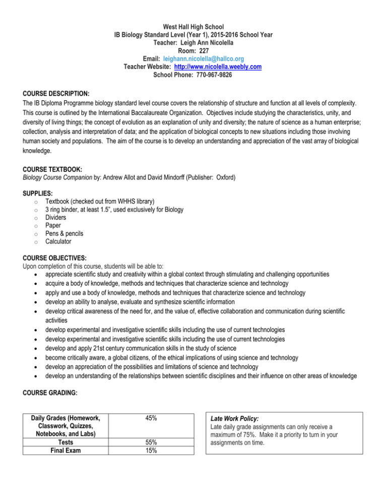 Ib Biology Year 1 Syllabus Ib Biology Year 1 Syllabus
