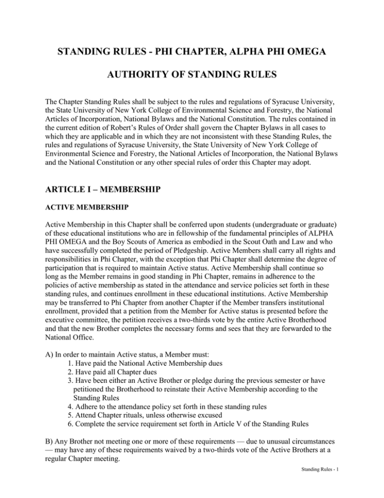 STANDING RULES - PHI CHAPTER, ALPHA PHI OMEGA