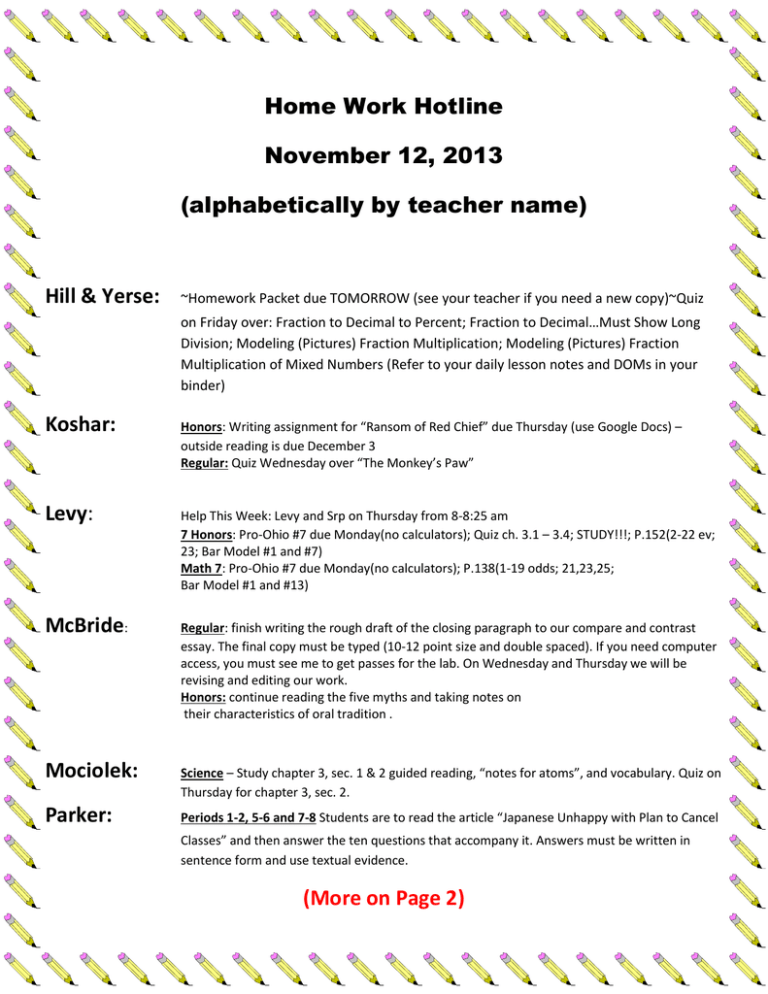 Home Work Hotline November 12, 2013
