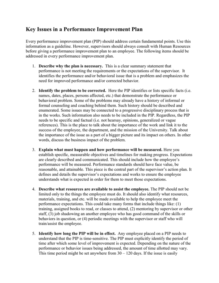 Key issues in developing a Performance Improvement Plan (PIP)