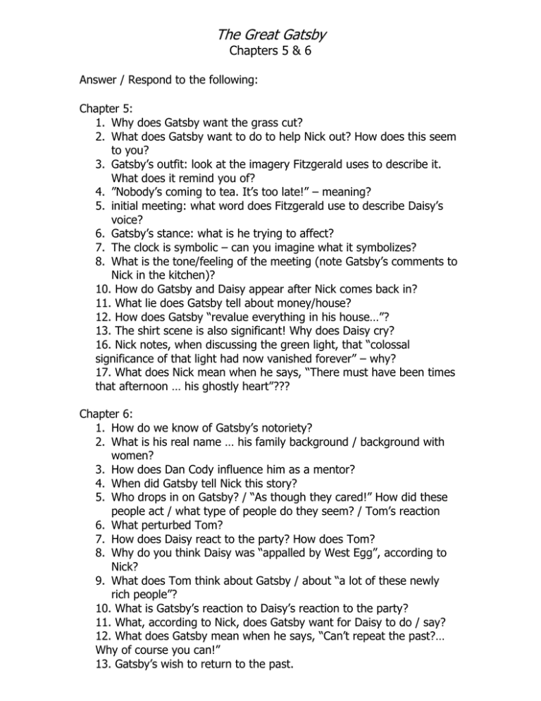 The Great Gatsby Chapters 5 & 6 Study Guide Questions