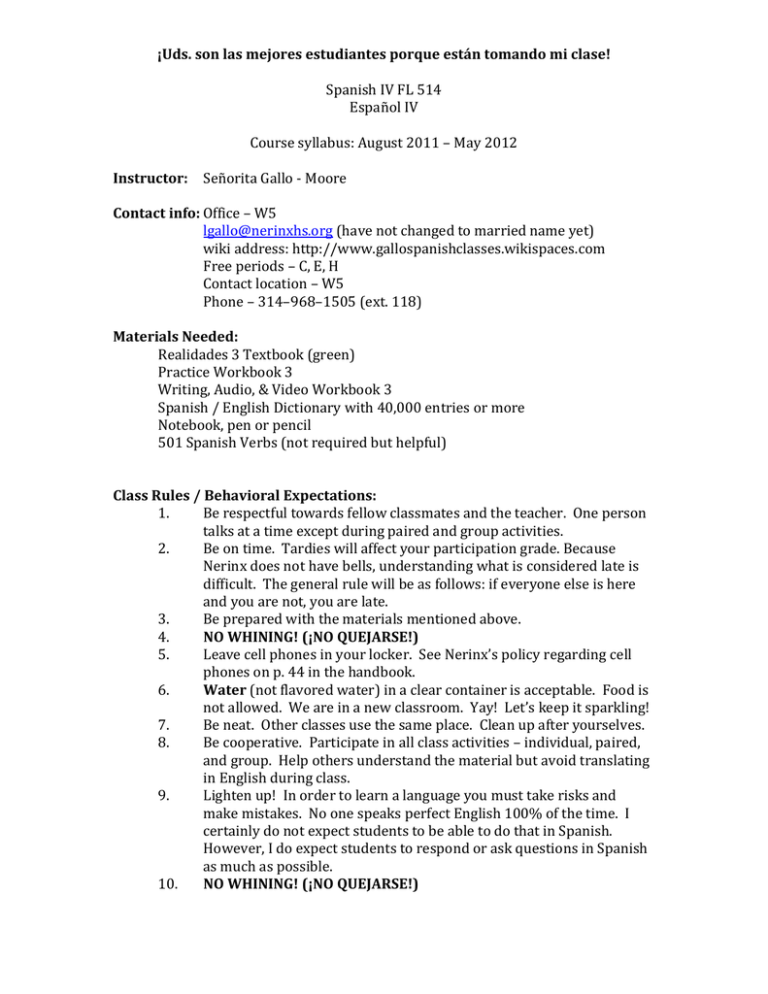 Span 4 syllabus - Ms. Gallo's Spanish Classes