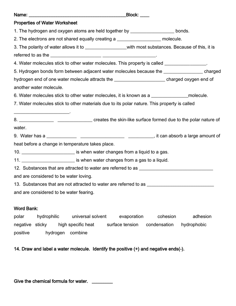 Properties Of Water Worksheet Properties Of Water Worksheet