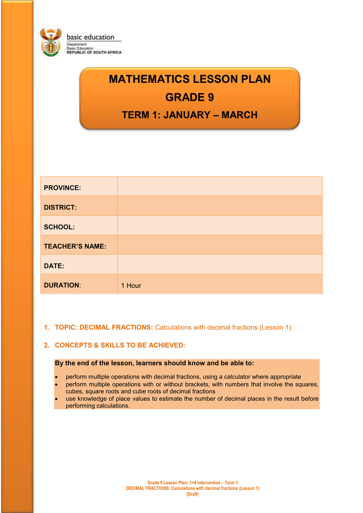 Mathematics Lesson Plan Grade 9 Term 1 January March