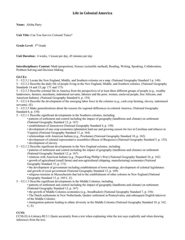 Colonial America Lesson Plan: 5th Grade
