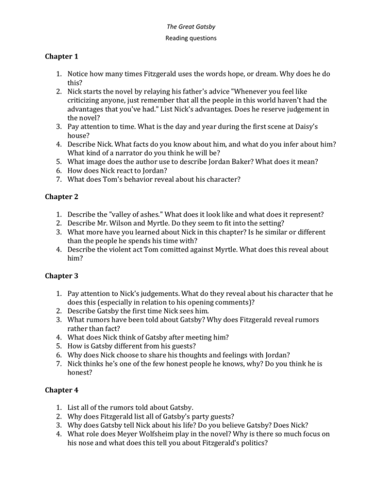 The Great Gatsby: Reading Questions by Chapter