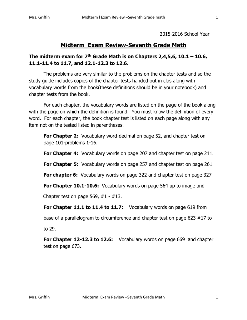 Midterm Exam 7th Grade Math January 2016