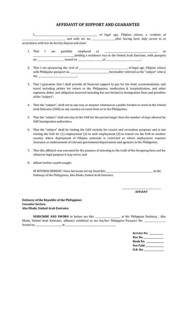 Affidavid Of Support And Guarantee Embassy Of The Republic Of The