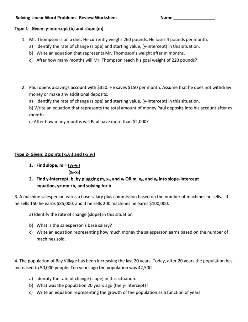 Linear Function Word Problems Worksheet