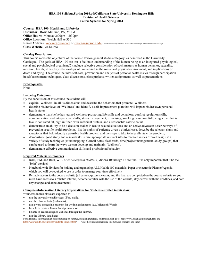 HEA 100 Syllabus.Spring 2014