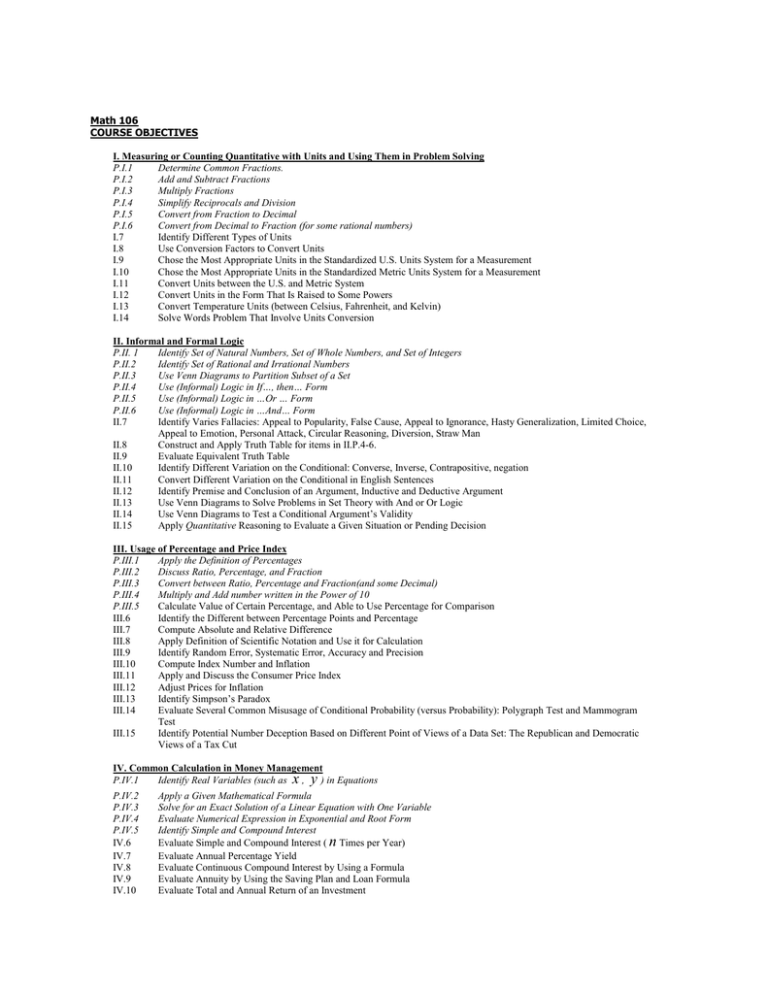 Math 106 COURSE OBJECTIVES