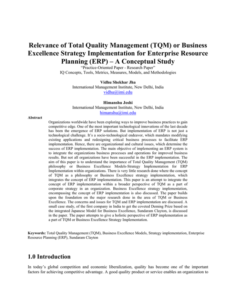 Relevance Of Total Quality Management TQM Or Business