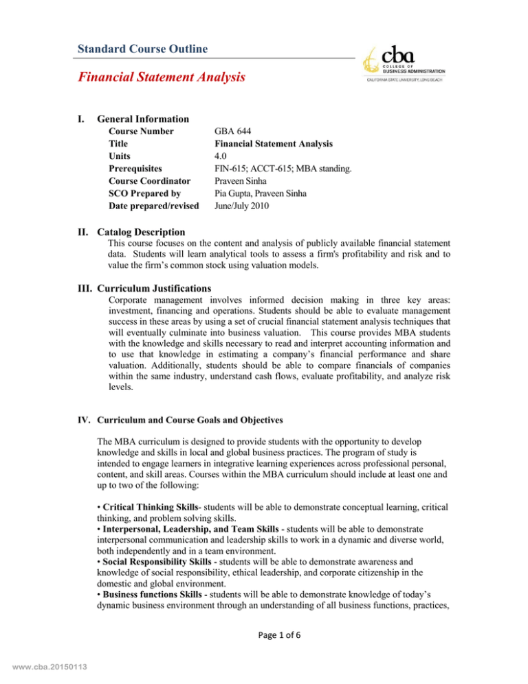 Financial Statement Analysis Standard Course Outline Financial Statement Analysis Standard Course Outline