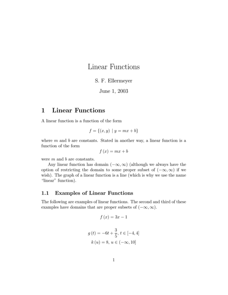 Linear Functions 1 S F Ellermeyer June 1 2003