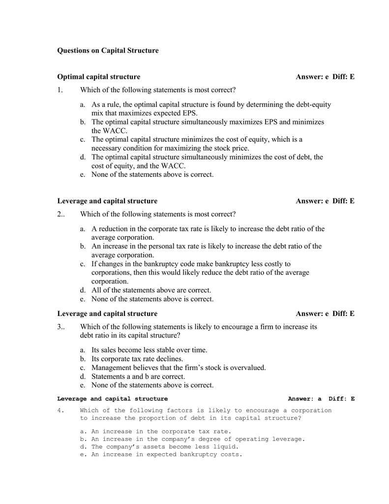 Questions On Capital Structure Optimal Capital Structure Answer E Diff E