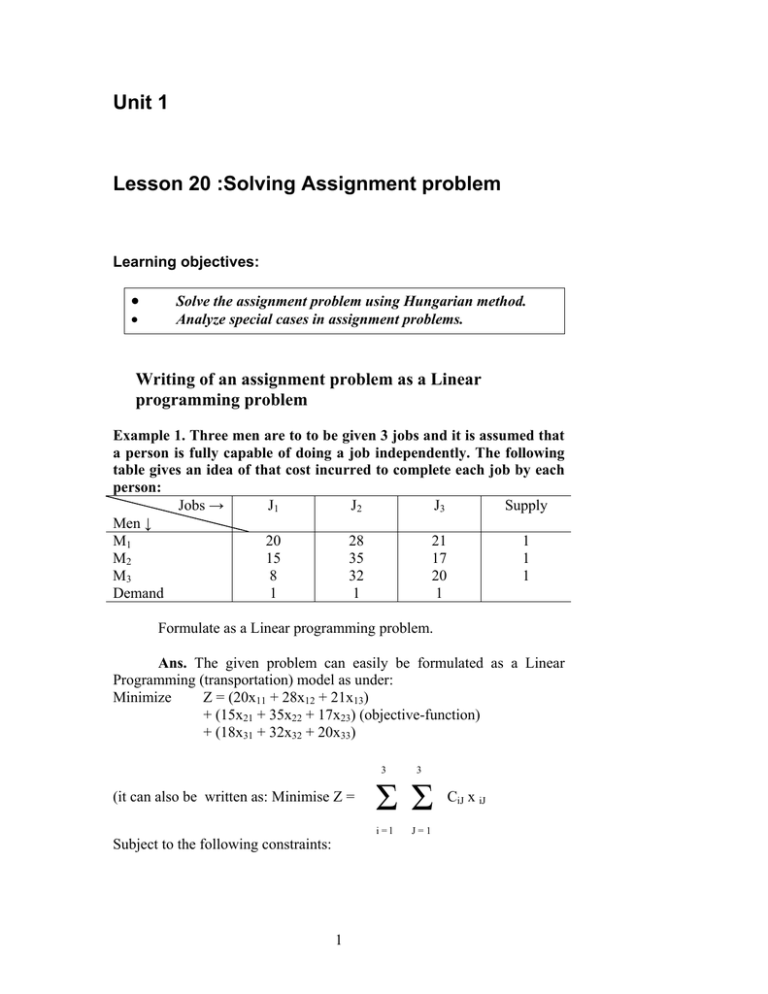 Unit 1 Lesson 20 Solving Assignment Problem