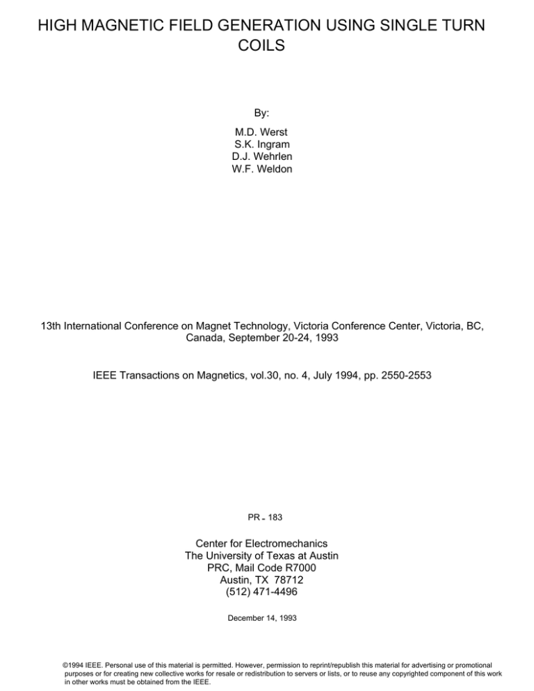 HIGH MAGNETIC FIELD GENERATION USING SINGLE TURN COILS