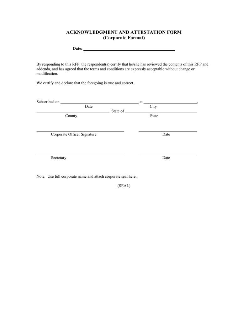 ACKNOWLEDGMENT AND ATTESTATION FORM Corporate Format 