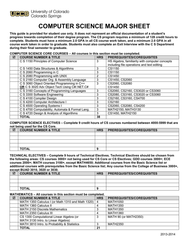 COMPUTER SCIENCE MAJOR SHEET COMPUTER SCIENCE MAJOR SHEET