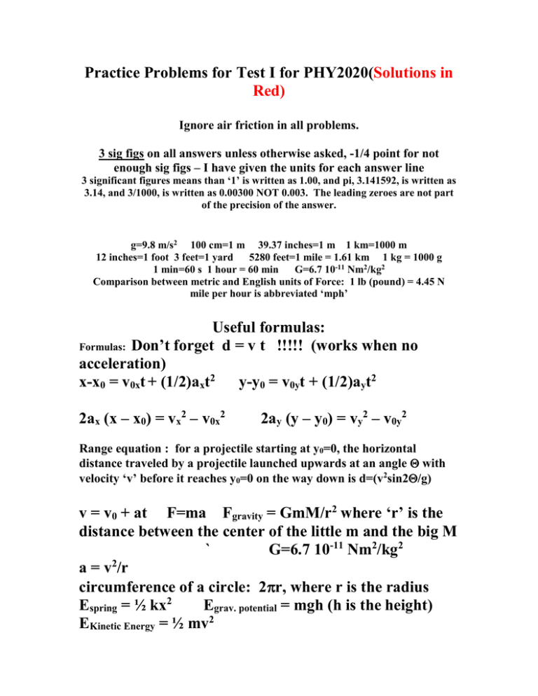 Practice Problems For Test I For PHY2020 Solutions In Red Practice Problems For Test I For PHY2020 Solutions In Red