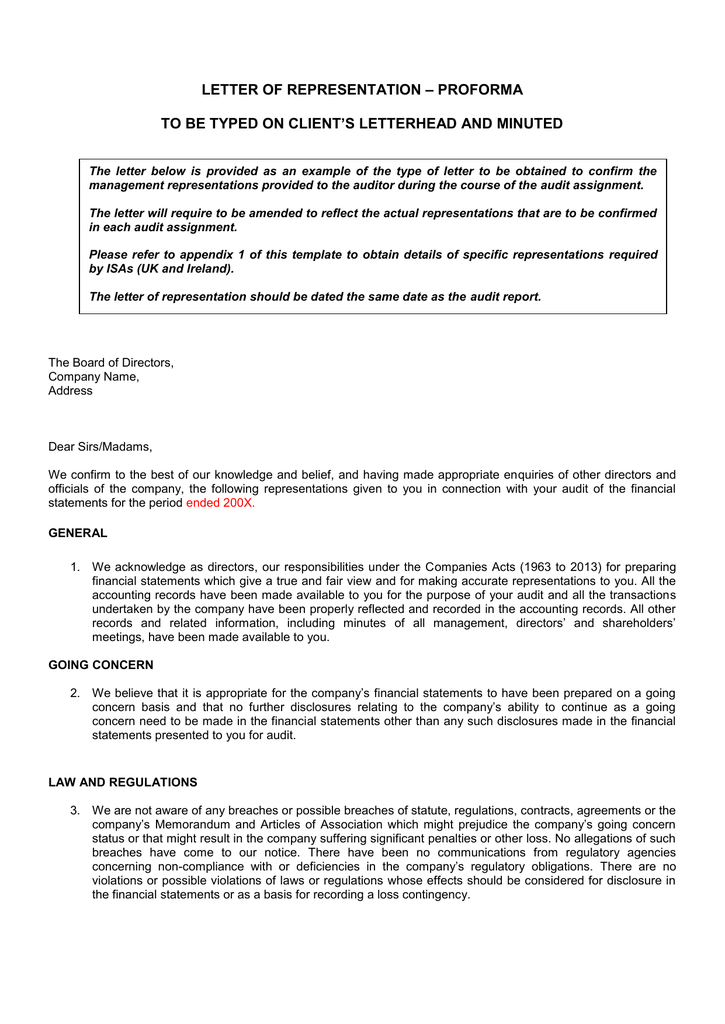 PROFORMA LETTER OF REPRESENTATION