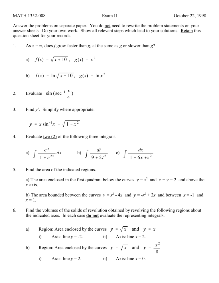 MATH 1352 008 Exam II October 22 1998