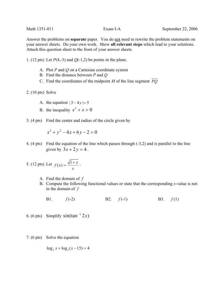 Math 1351 011 Exam I A September 22 2006 Separate Math 1351 011 Exam I A September 22 2006 Separate