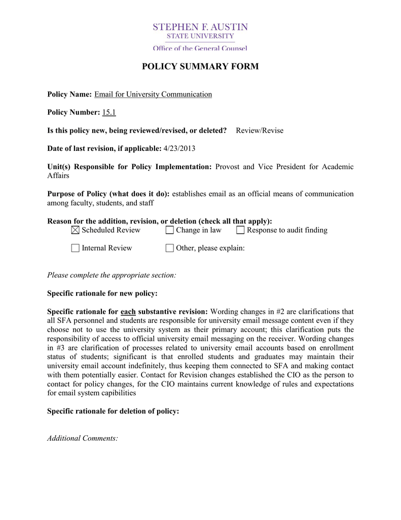 POLICY SUMMARY FORM