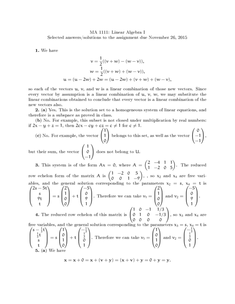 MA 1111 Linear Algebra I 1 We Have MA 1111 Linear Algebra I 1 We Have