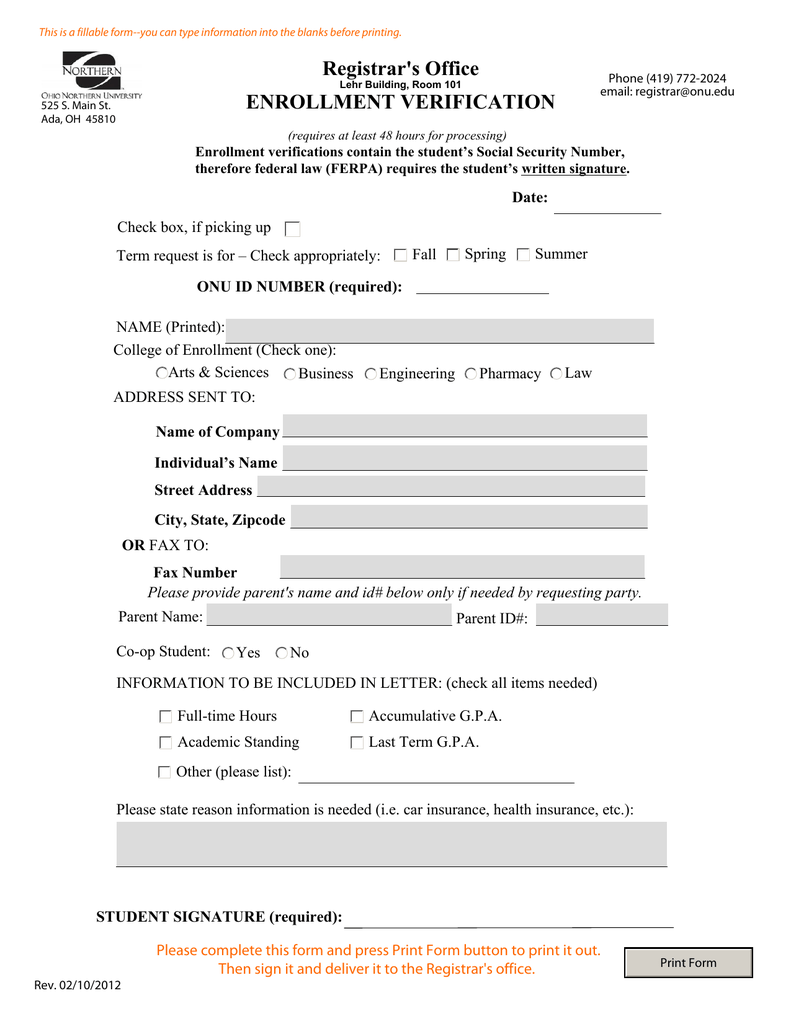 Student Enrollment Verification Form Bank2home