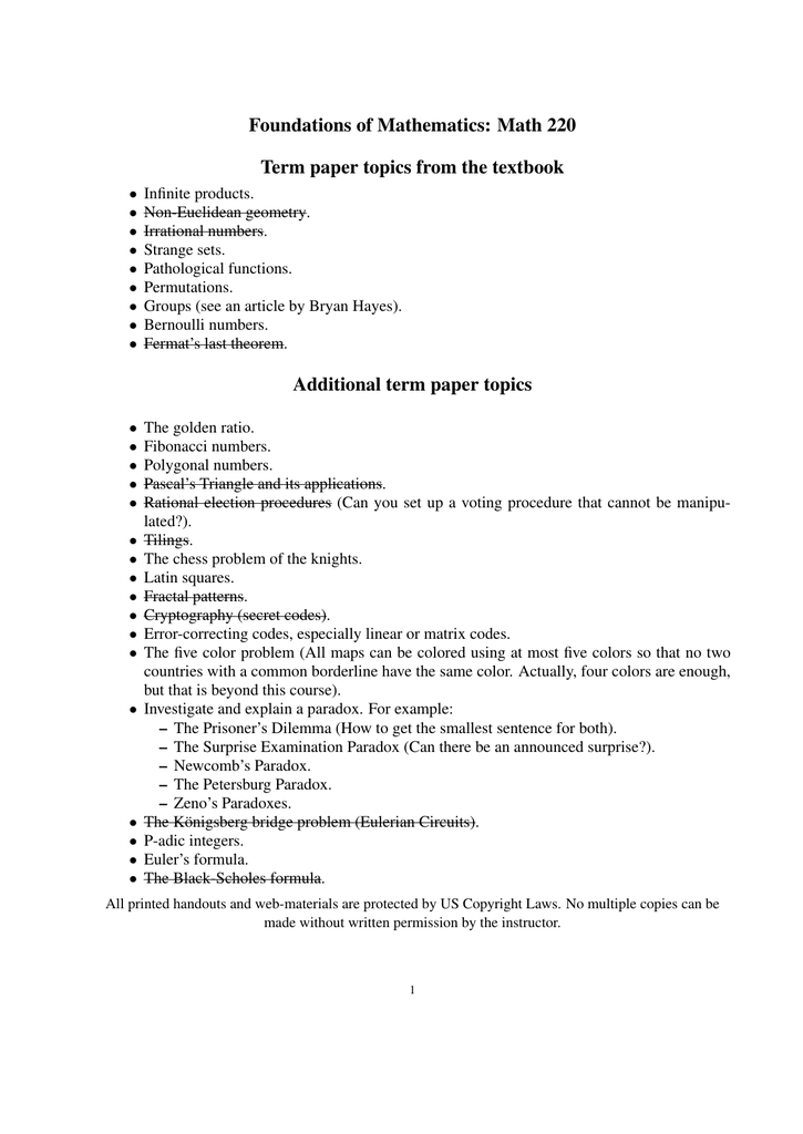 Foundations Of Mathematics Math 220 Term Paper Topics From The Textbook