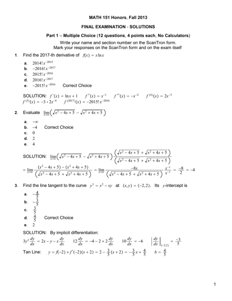 MATH 151 Honors FINAL EXAMINATION Part 1
