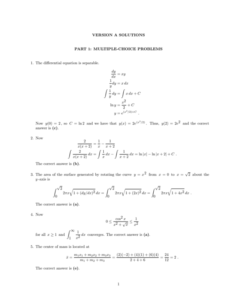 VERSION A SOLUTIONS PART 1 MULTIPLE CHOICE PROBLEMS Xy