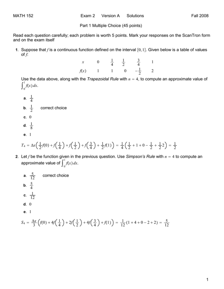 MATH 152 Exam 2 Version A Solutions