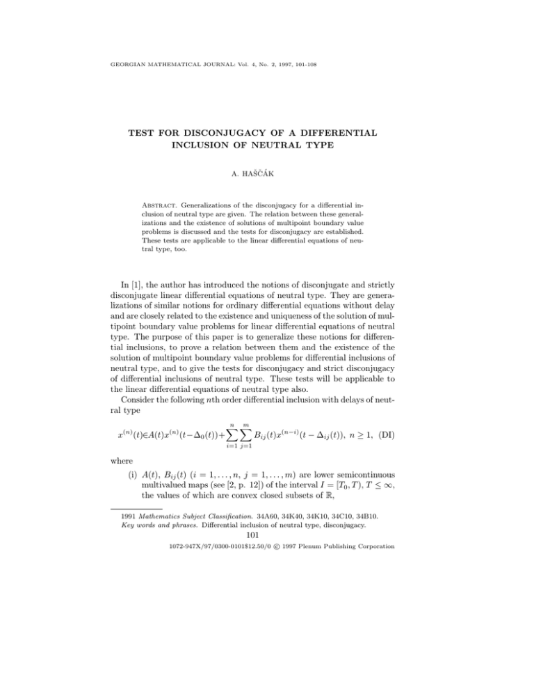 Test For Disconjugacy Of A Differential Inclusion Of Neutral Type