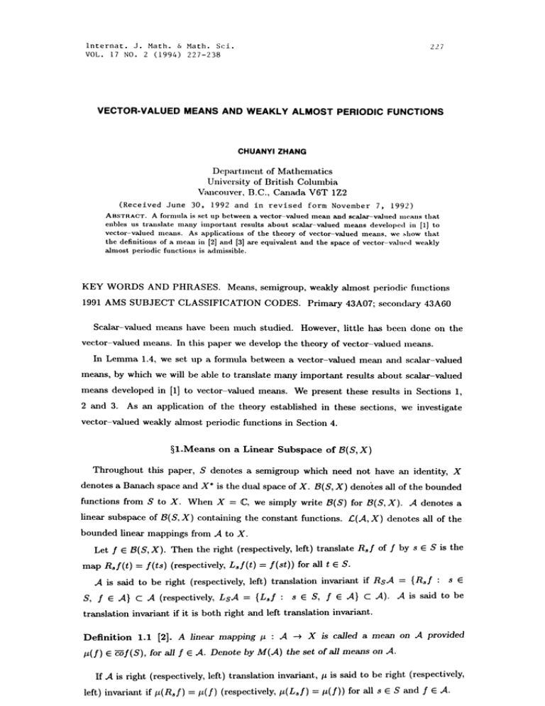 VECTOR VALUED AND WEAKLY ALMOST FUNCTIONS